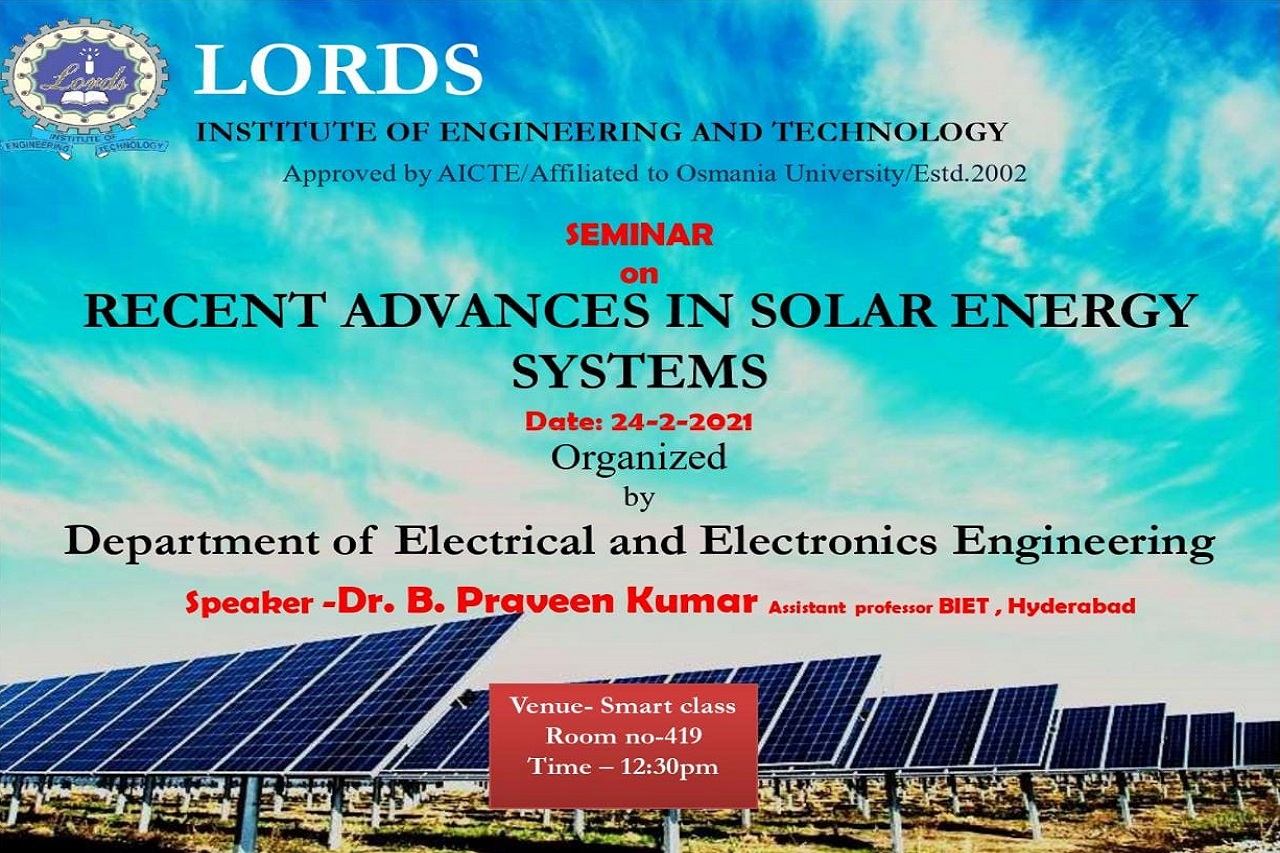 Recent Advances In Solar Energy Systems - Lords Institute of ...