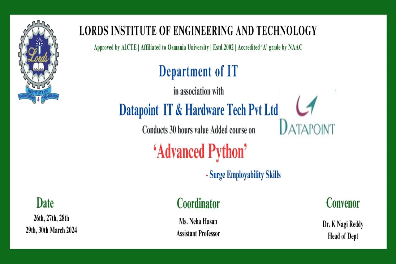VAC on Advanced Python - Lords Institute of Engineering and Technology