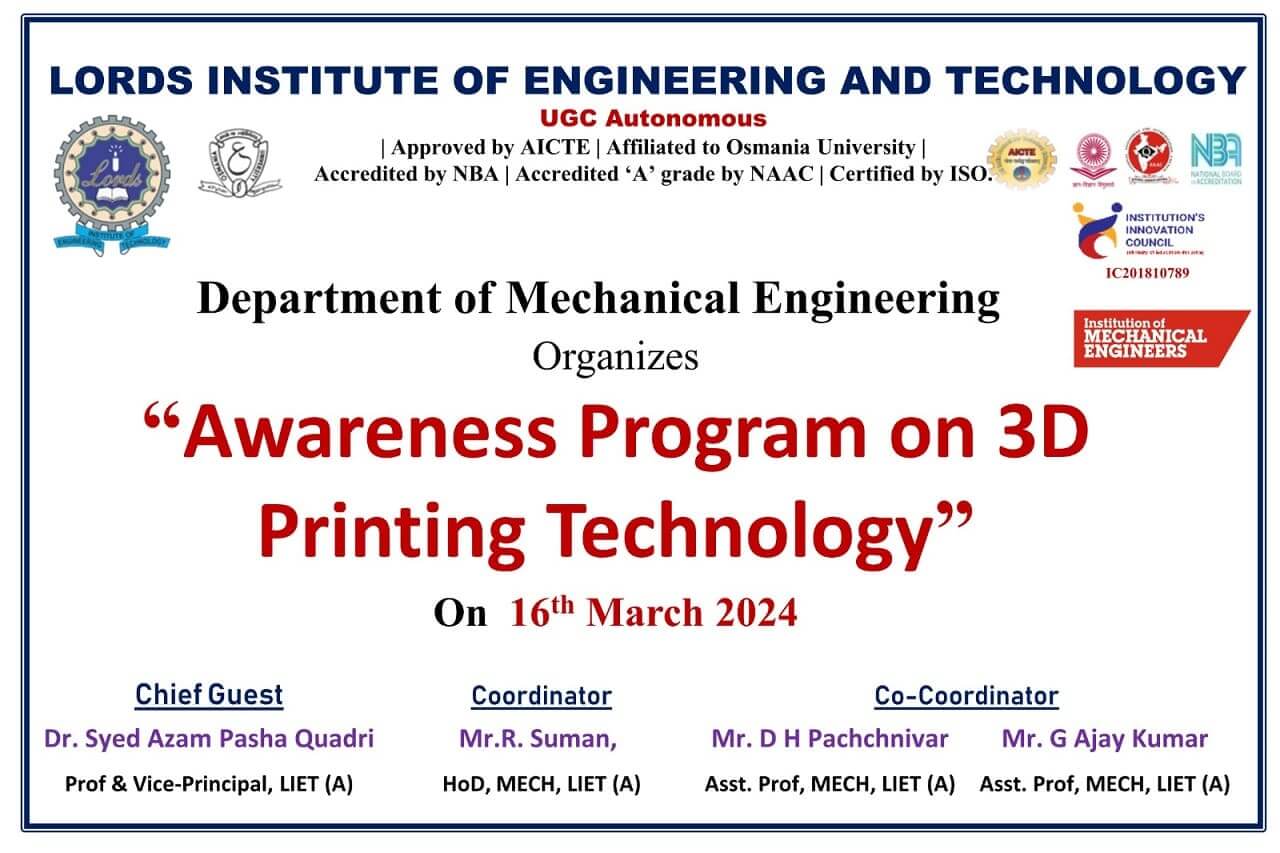 Awareness program on 3-D printing technologies - Lords Institute of ...