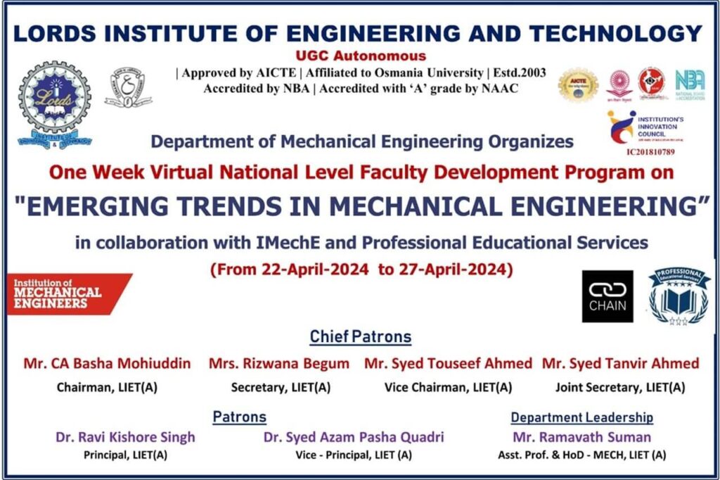 One week National Level FDP on “Emerging Trends in Mechanical Engineering” - Lords Institute of ...