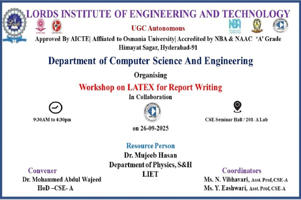 Workshop on LATEX for Report Writing - Lords Institute of Engineering ...